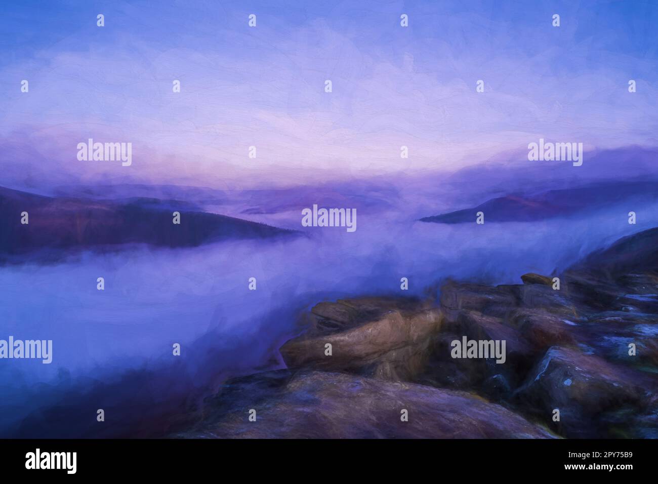Bamford Edge. Ladybower, and Hope Valley. Digital oil painting of a ...