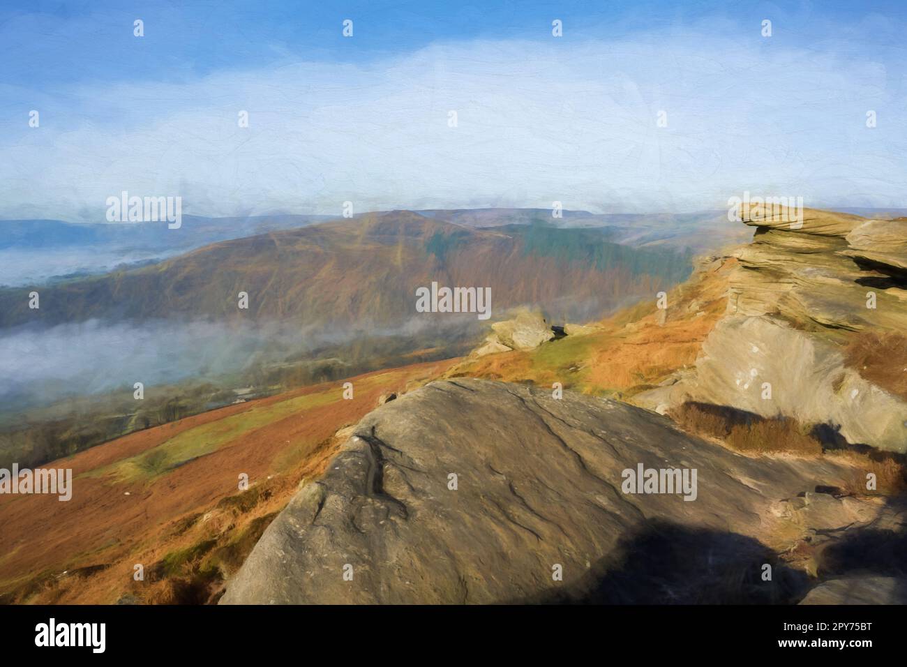 Digital oil painting of a Bamford Edge winter sunrise view of Win Hill ...