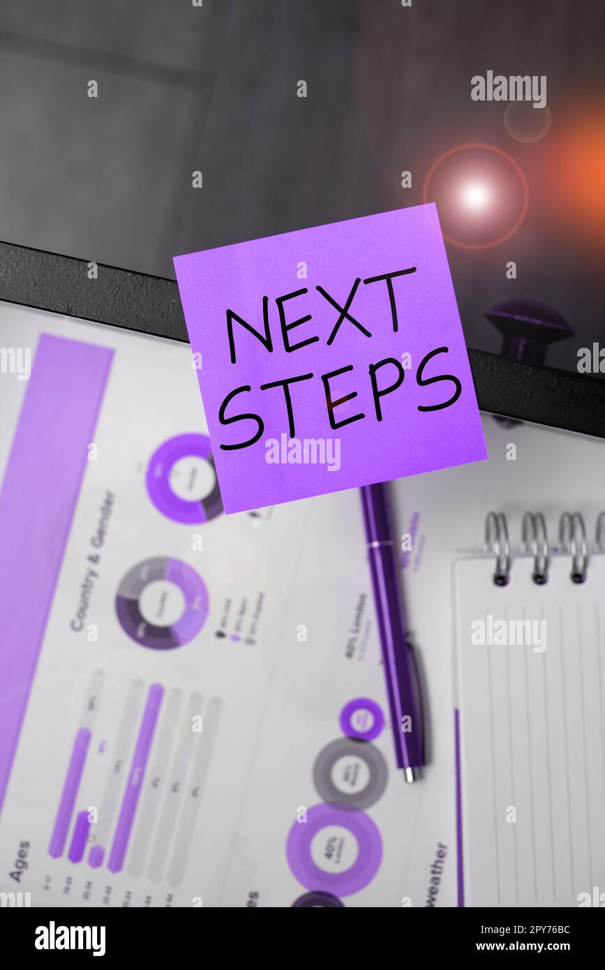 Hand writing sign Next Steps. Concept meaning numper of process going ...