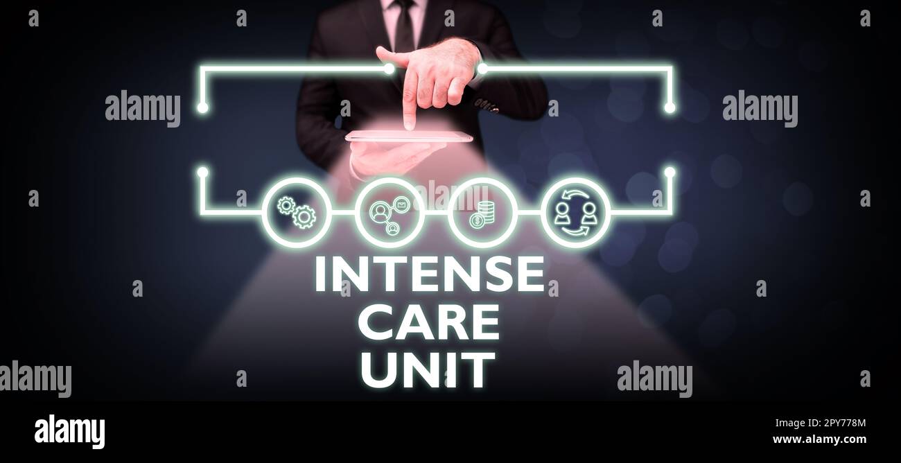 Hand writing sign Intense Care Unit. Business idea a unit in a hospital ...