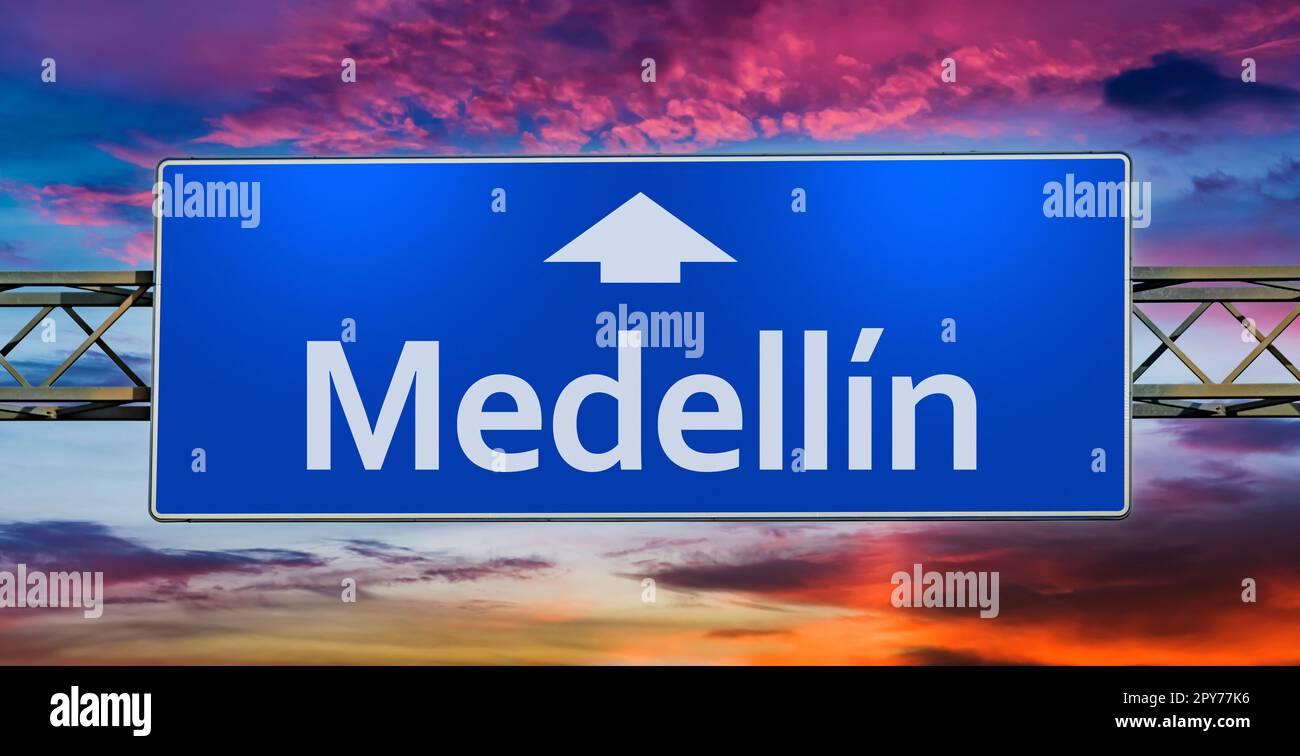 Road sign indicating direction to the city of Medellin Stock Photo - Alamy