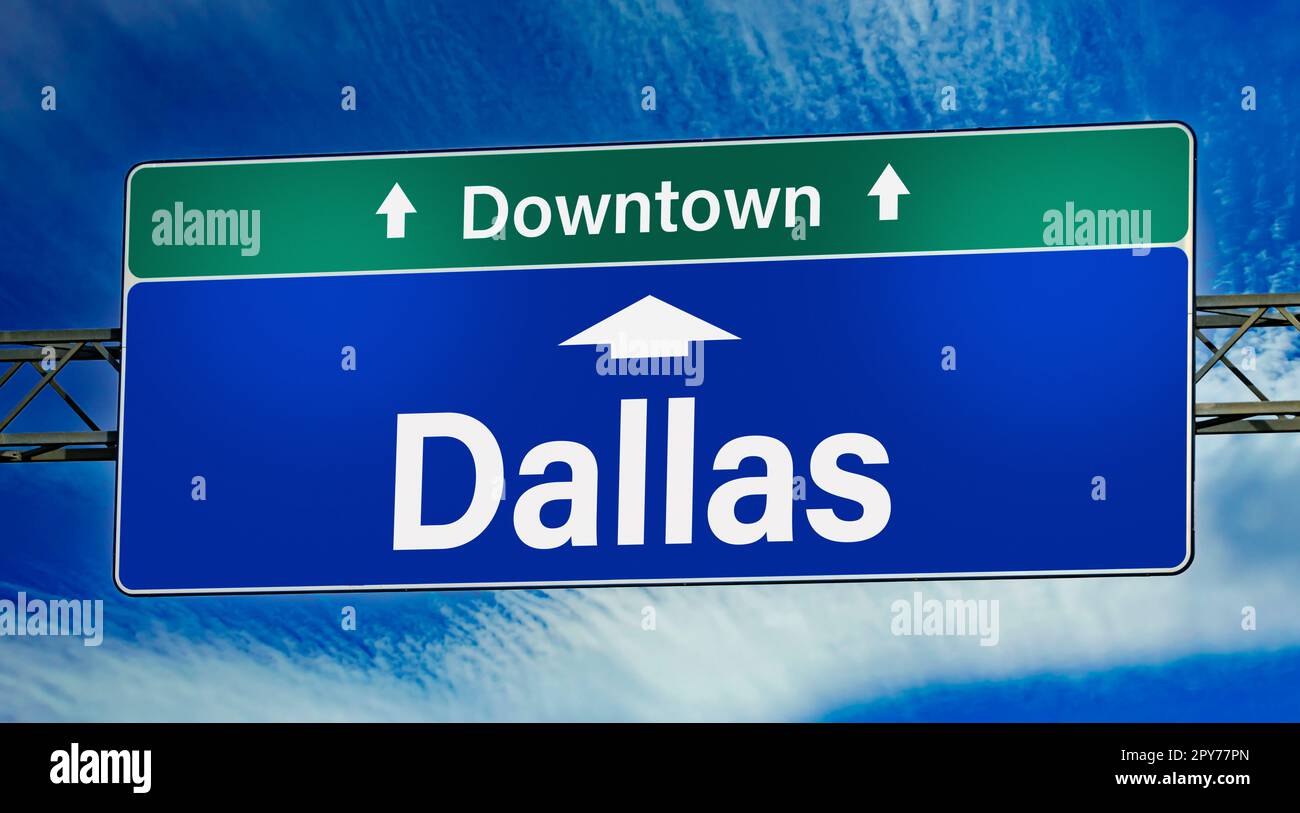 Road sign indicating direction to the city of Dallas Stock Photo - Alamy