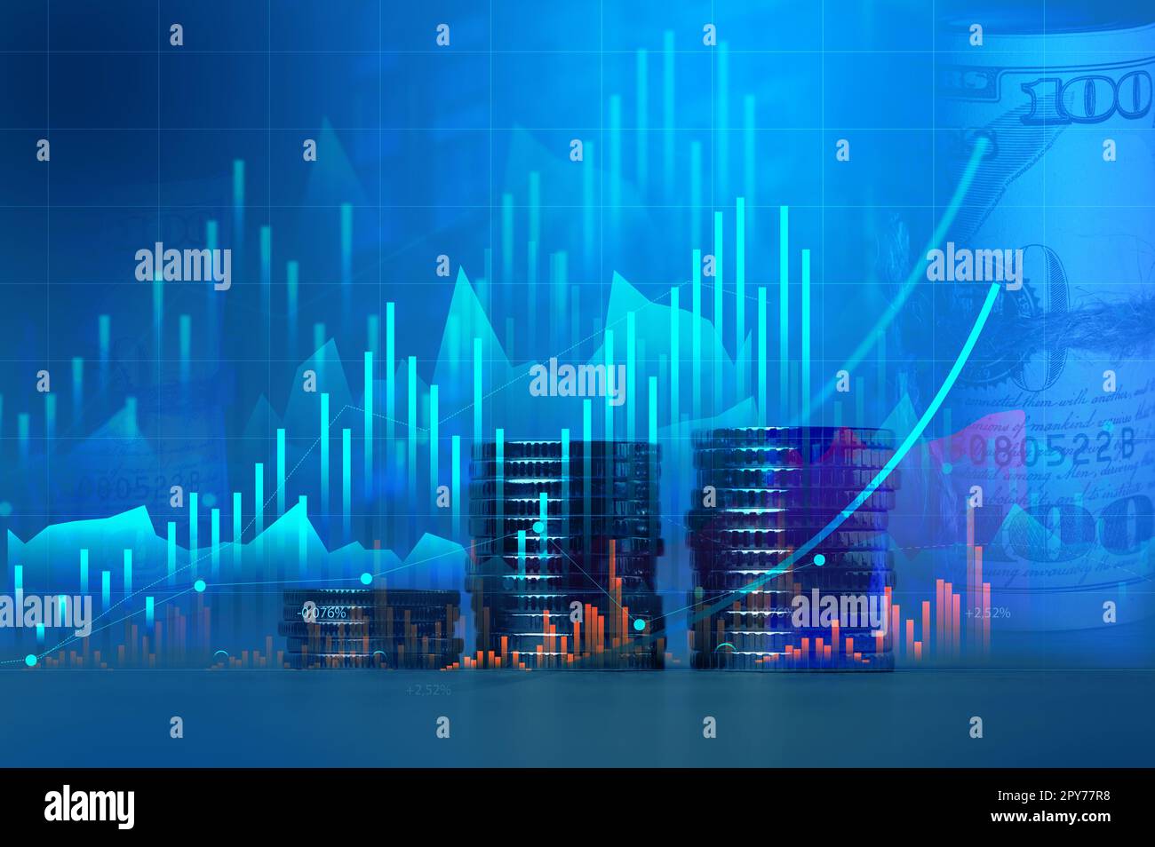 Sack of metallic coins and a chart with growing rates. High income in ...