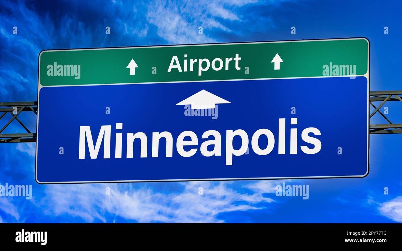 Road sign indicating direction to the city of Minneapolis Stock Photo ...
