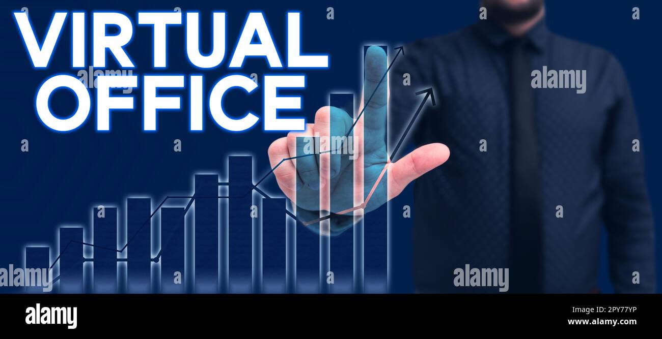 Text caption presenting Virtual Office. Business overview Mobile work ...