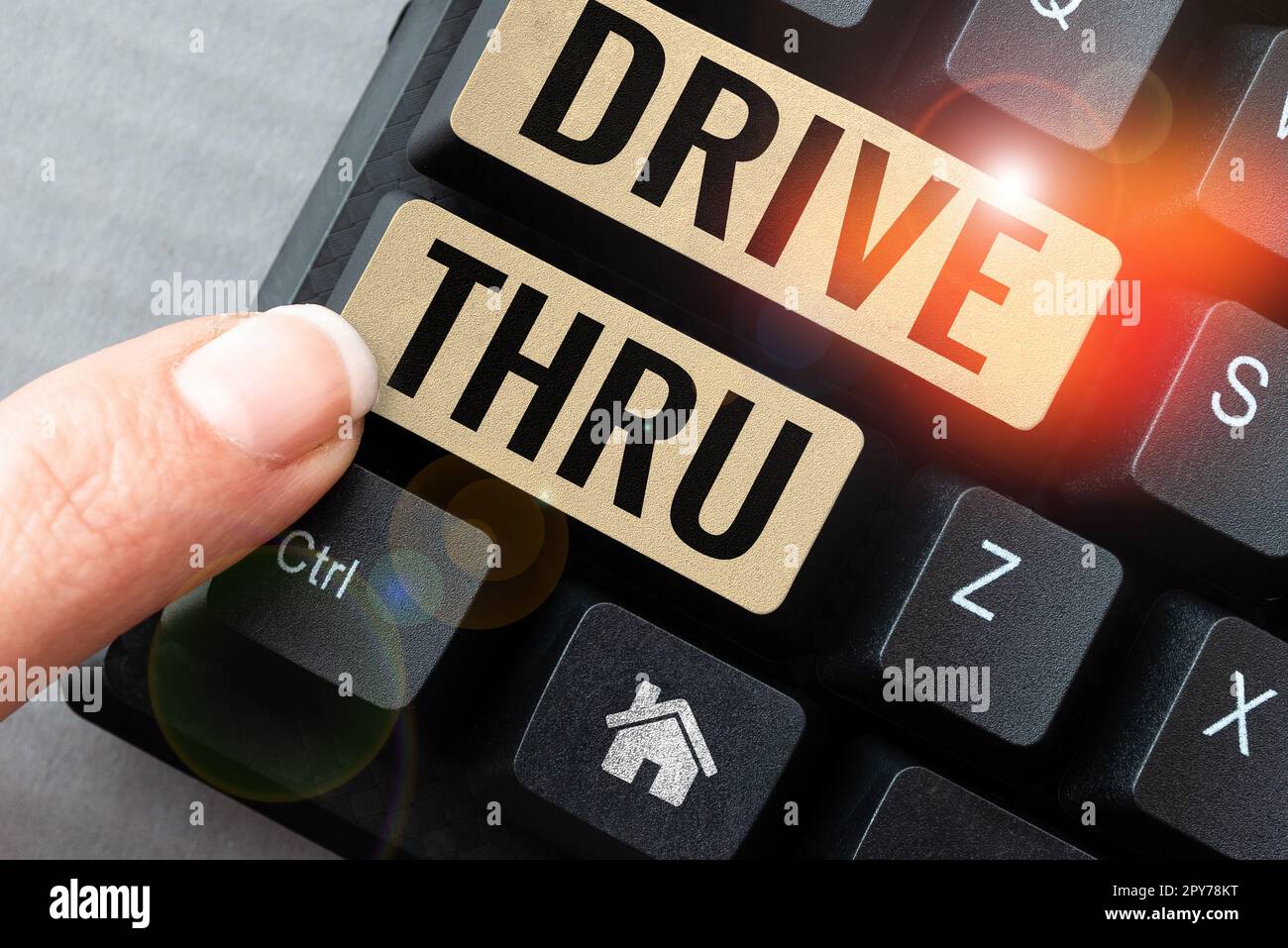 Text caption presenting Drive Thru. Word Written on place where you can ...