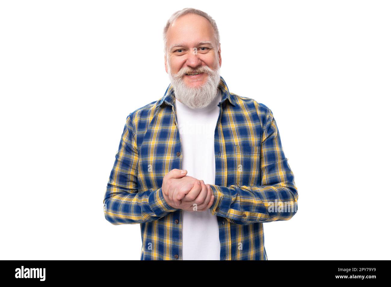 portrait of a handsome 60s middle aged gray-haired man with a beard in ...