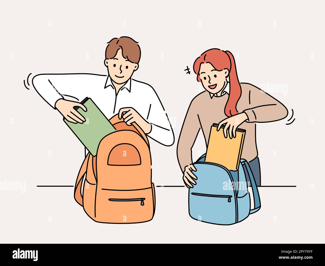 Smiling students pack backpacks in school or college. Happy pupils put books in bags finish ...