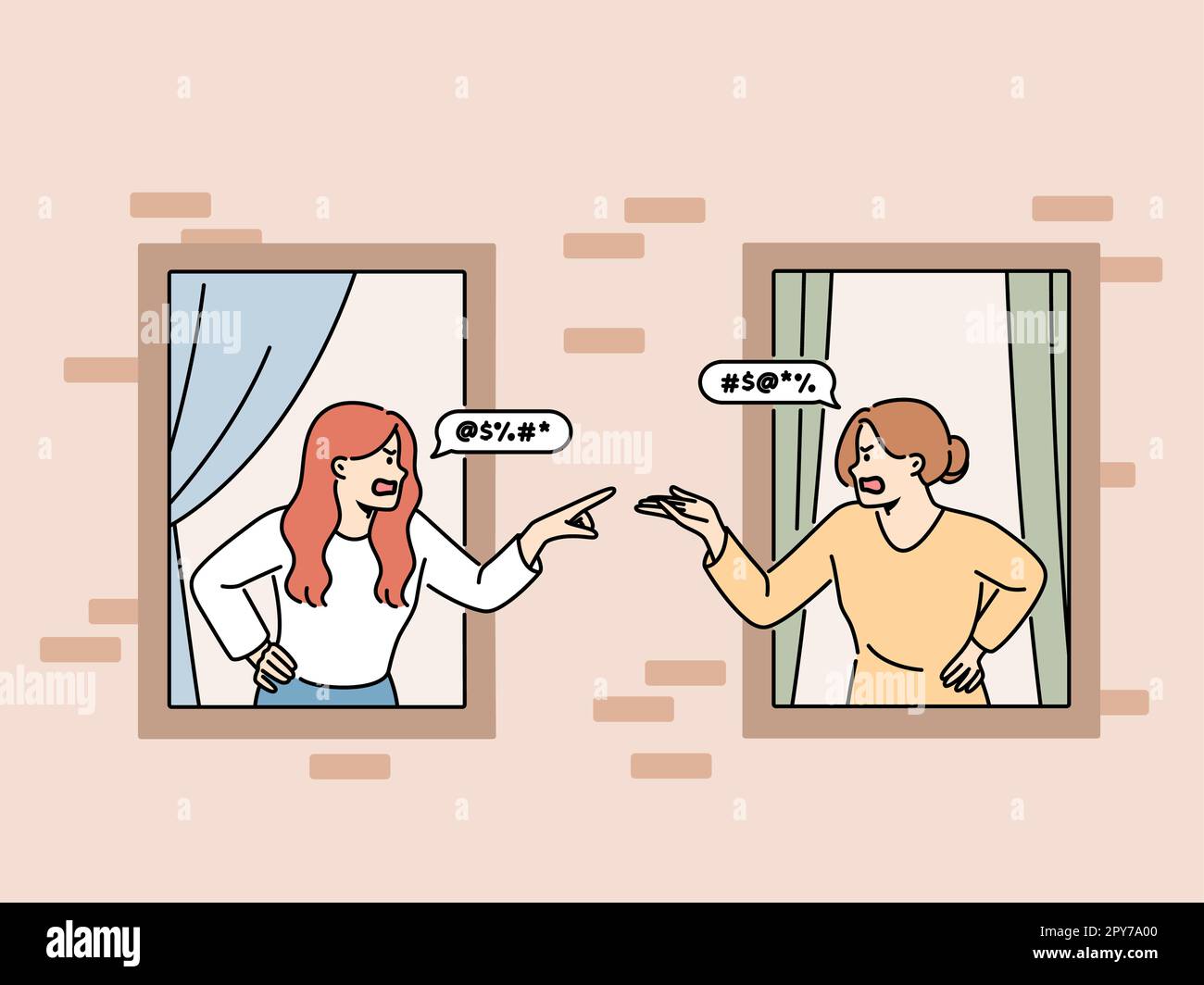 Angry women look out of house windows quarrelling. Furious female ...
