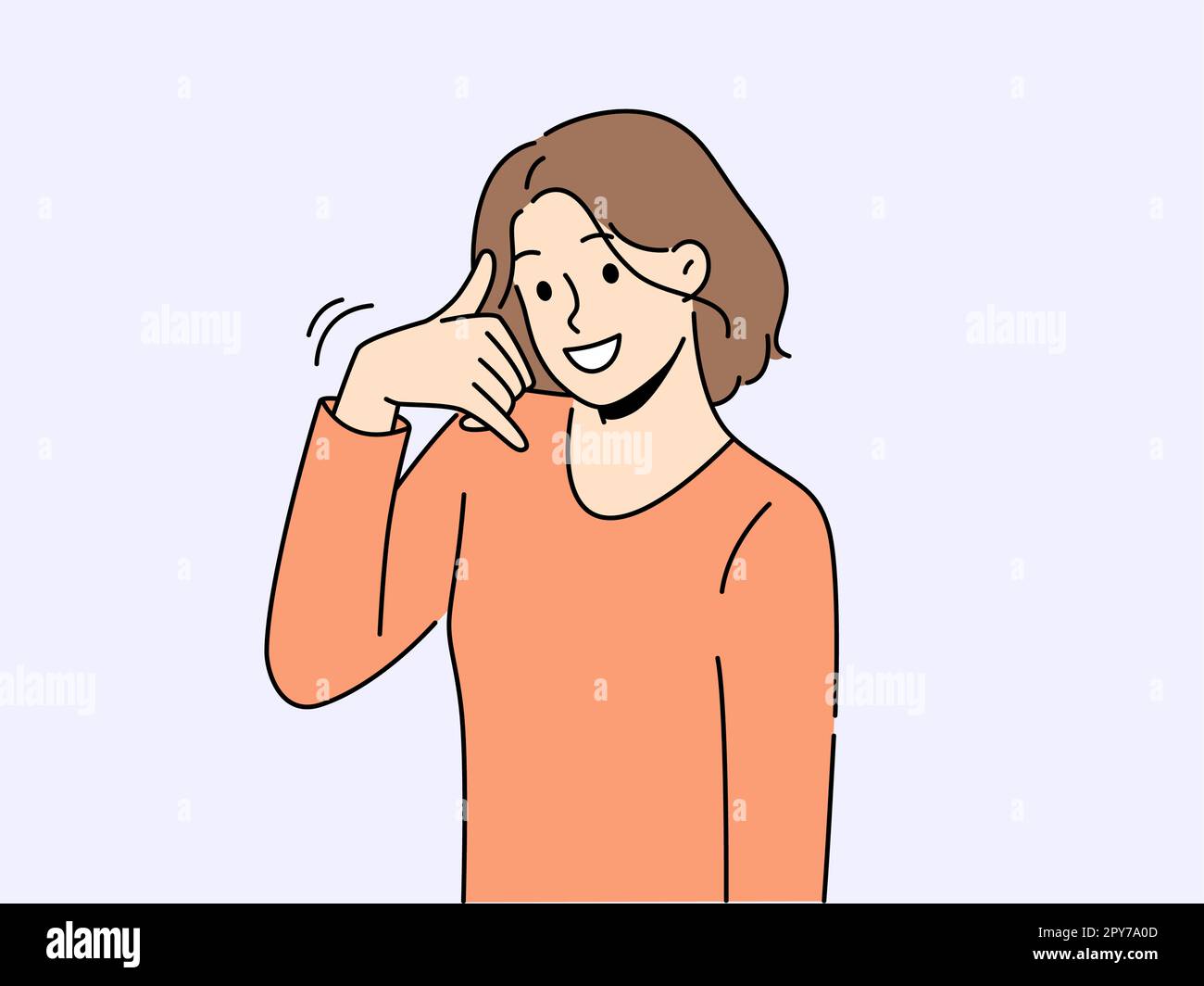 Smiling woman show call me hand gesture. Happy girl demonstrate ...