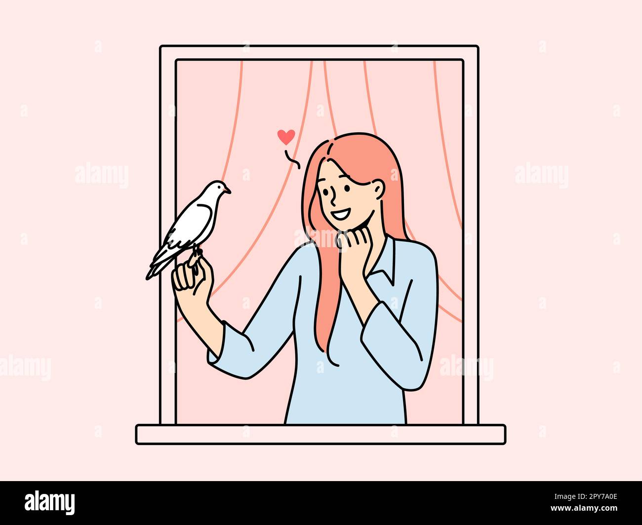 Smiling woman in house window holding pigeon in hands. Girl in love ...