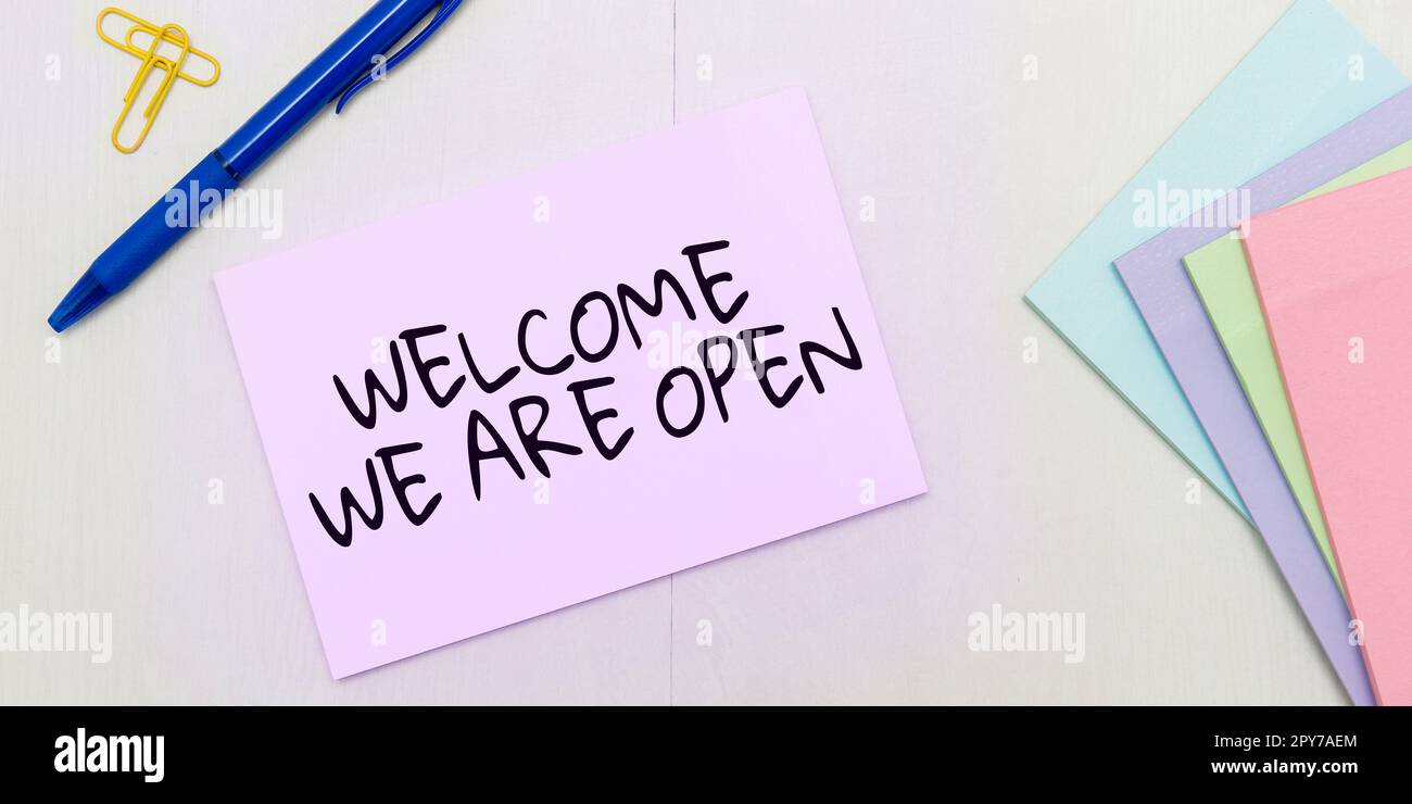 Conceptual caption Welcome We Are Open. Concept meaning Greeting making ...