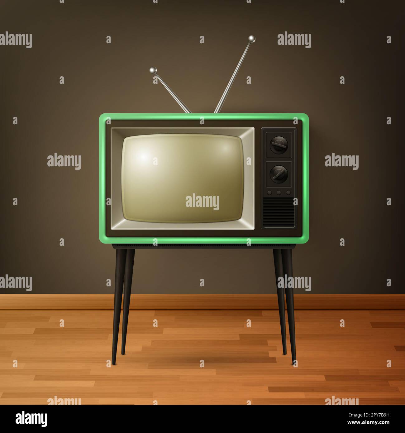Vector 3d Realistic Retro TV Receiver on Wooden Floor. Home Interior ...