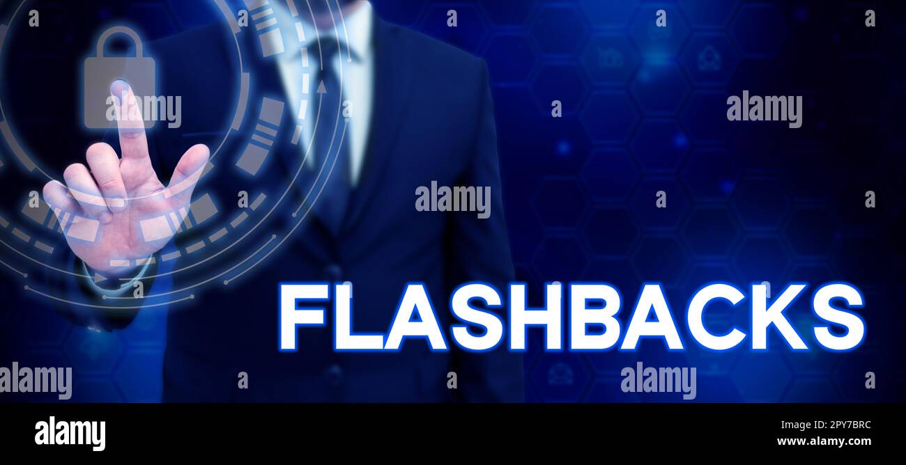 Text caption presenting Flashbacks. Concept meaning interruption of ...