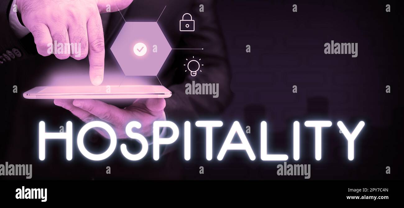 Hand writing sign Hospitality. Business approach the friendly and ...