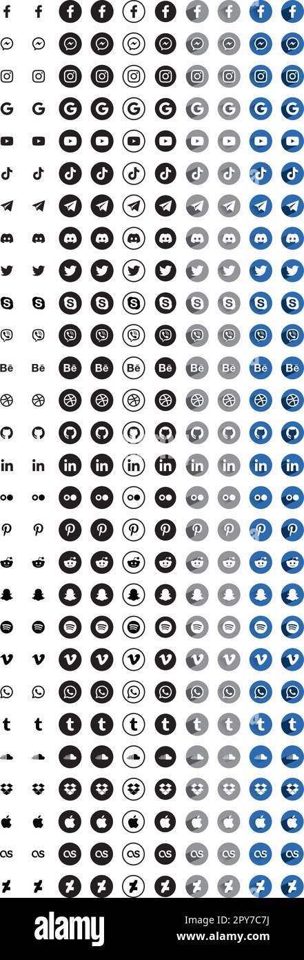 Social media icons logos positive, negative, monochrome, color, shadow ...