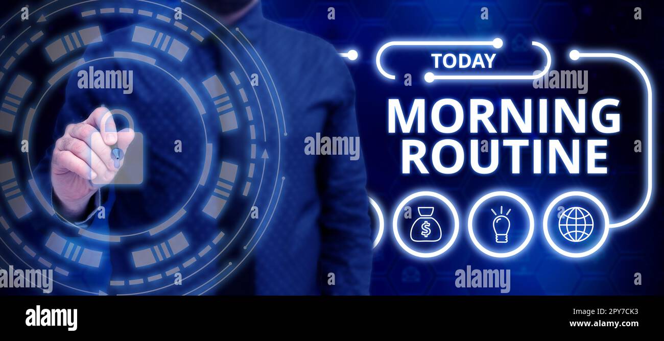 Text caption presenting Morning Routine. Word Written on initiation of ...