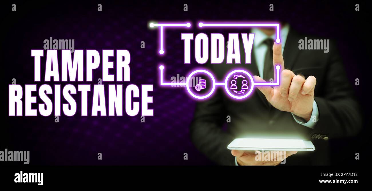Text caption presenting Tamper Resistance. Conceptual photo resilent to ...