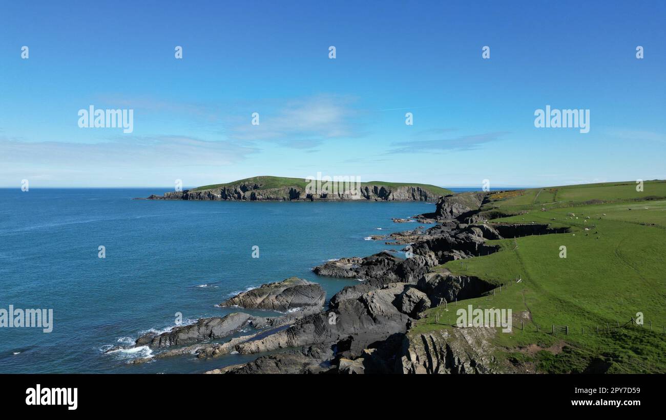 Aerial view of Cardigan Island, located off the coast of Wales in the ...