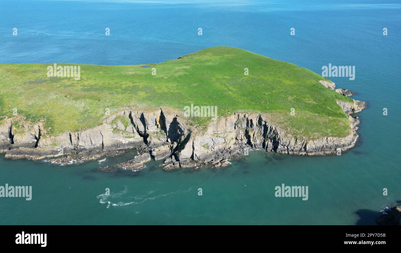Aerial view of Cardigan Island, located off the coast of Wales in the ...
