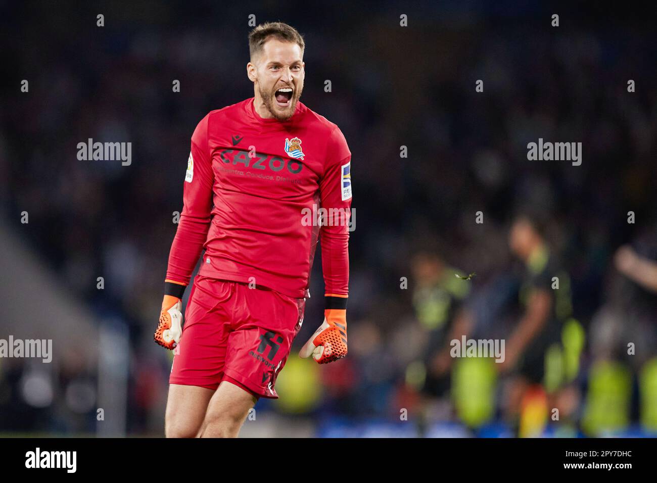 Alex Remiro of Real Sociedad reacts during the Spanish championship La ...