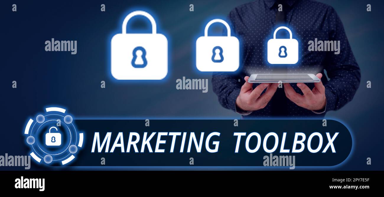 Hand writing sign Marketing Toolbox. Business showcase Means in ...