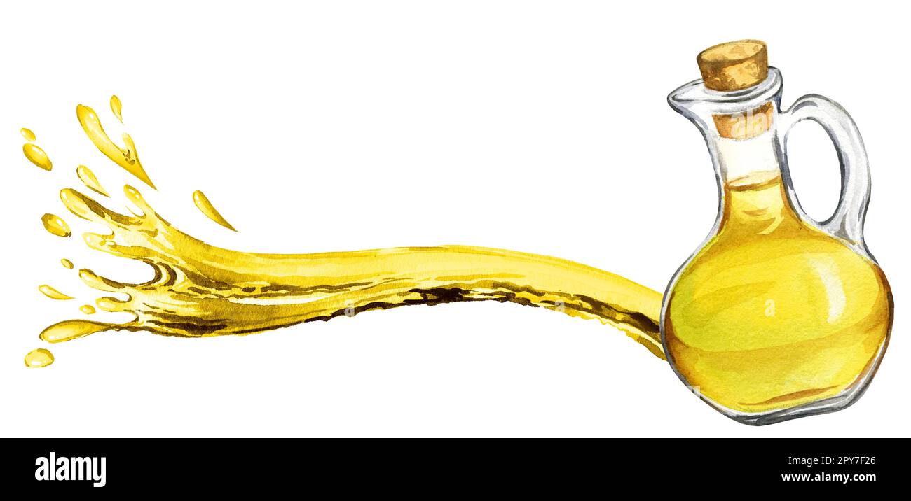 watercolor bottle with olive oil with stream of oil, yellow drop and ...