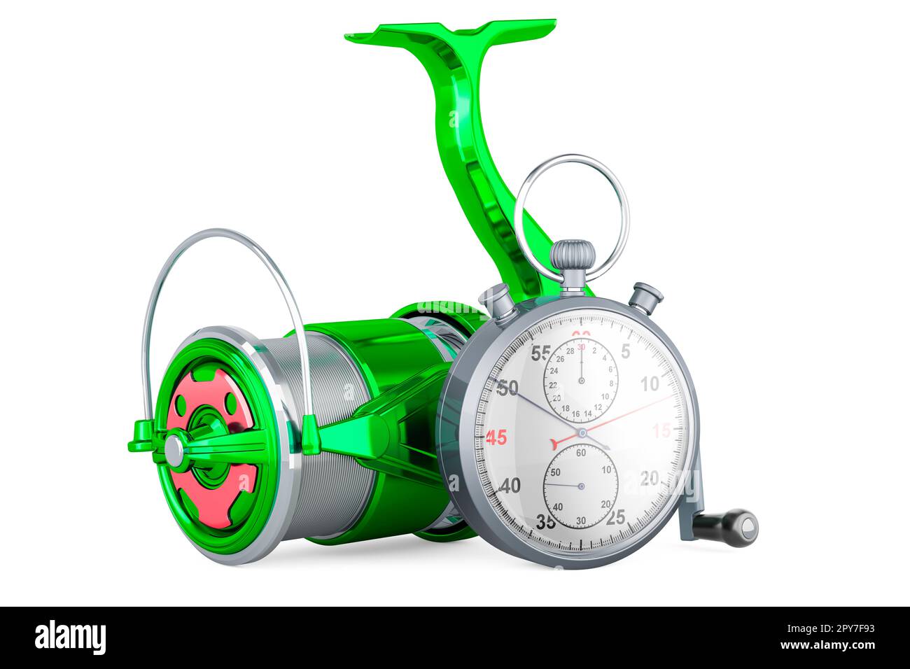 Spinning reel with stopwatch, 3D rendering isolated on white background ...