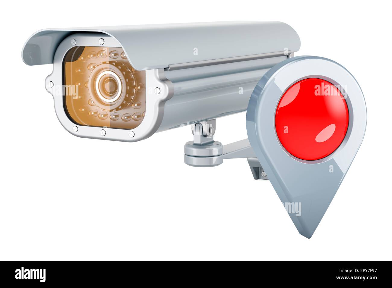 Security surveillance camera with map pointer, 3D rendering isolated on ...