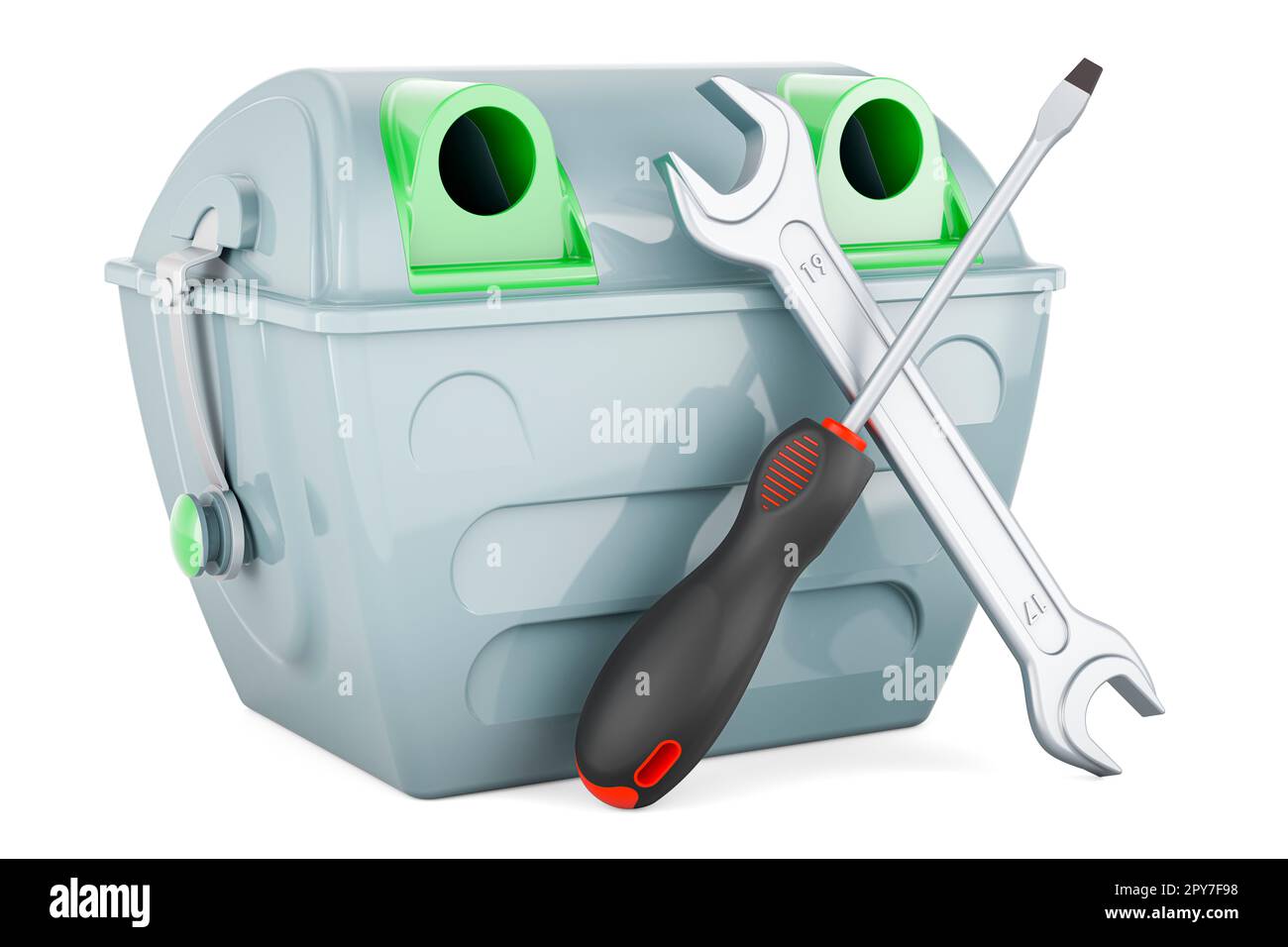 Gray garbage container with screwdriver and wrench. 3D rendering ...