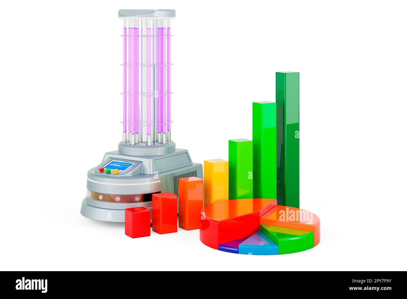 UV-Disinfection Robot with growth bar graph and pie chart, 3D rendering ...