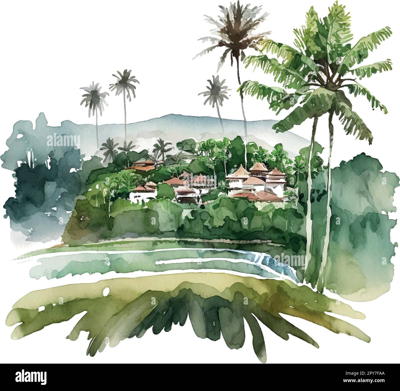 Scenic landscape bali watercolor. Art design. Tropical background ...