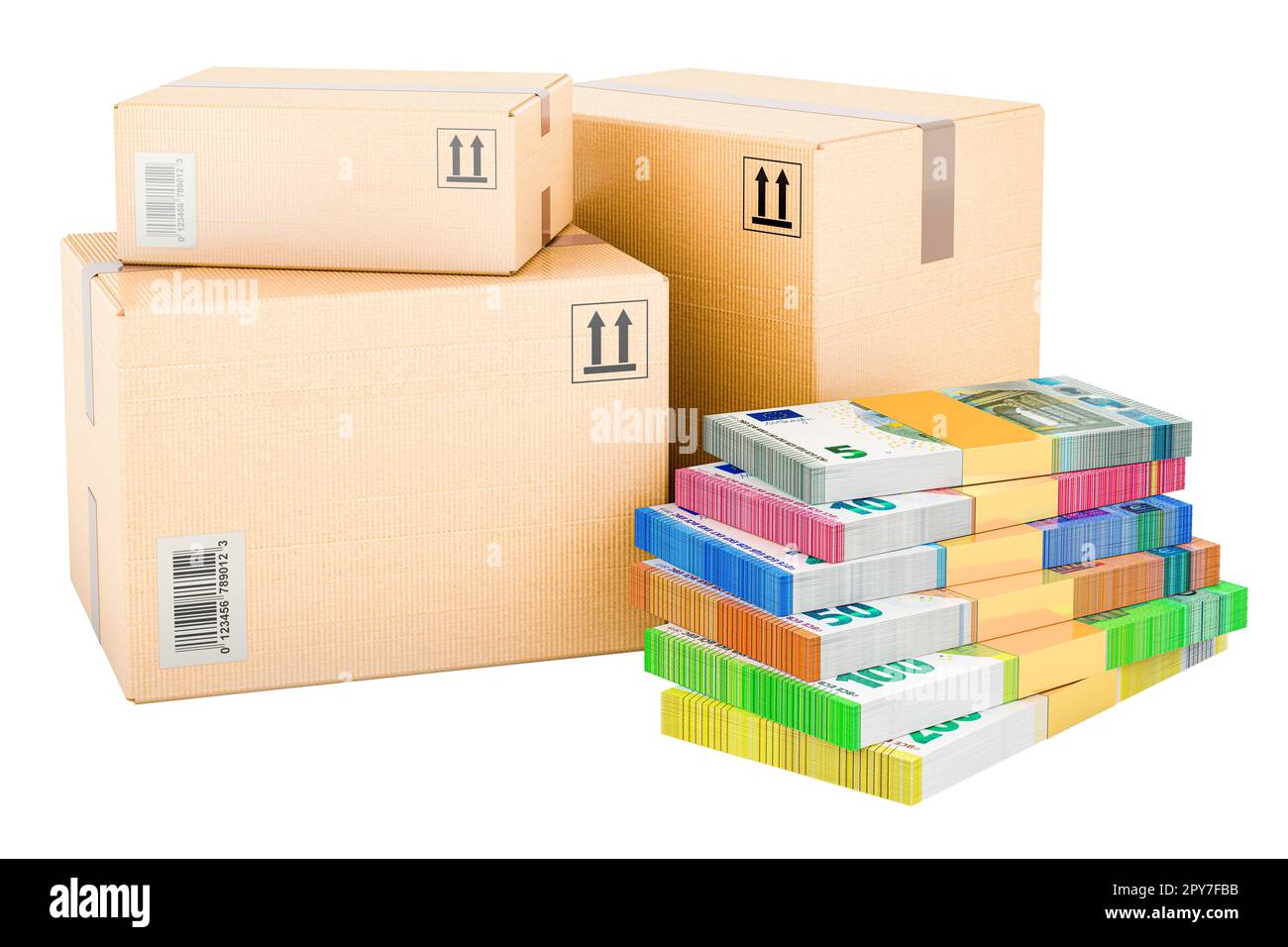 Shipping and logistics concept. Three parcels with money, euro packs. 3D rendering isolated on ...