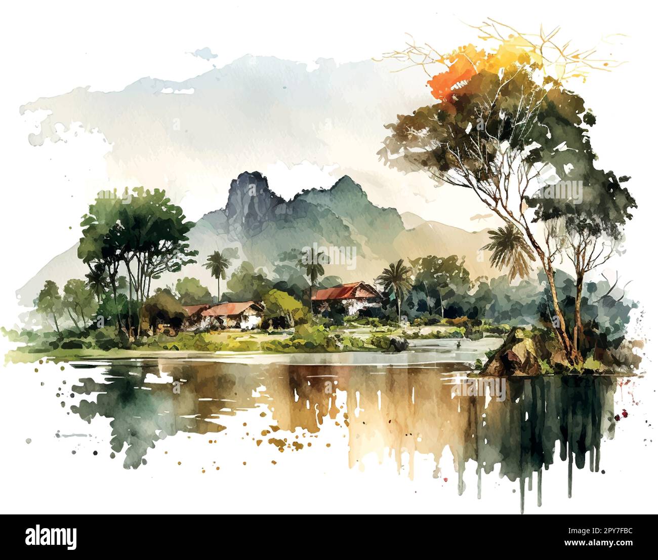 Beautiful landscape Vietnam watercolor sketch illustration on white ...