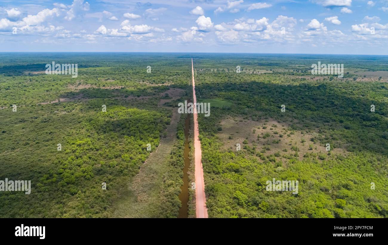 Aerial view of Transpantaneira dirt road crossing straight the North ...