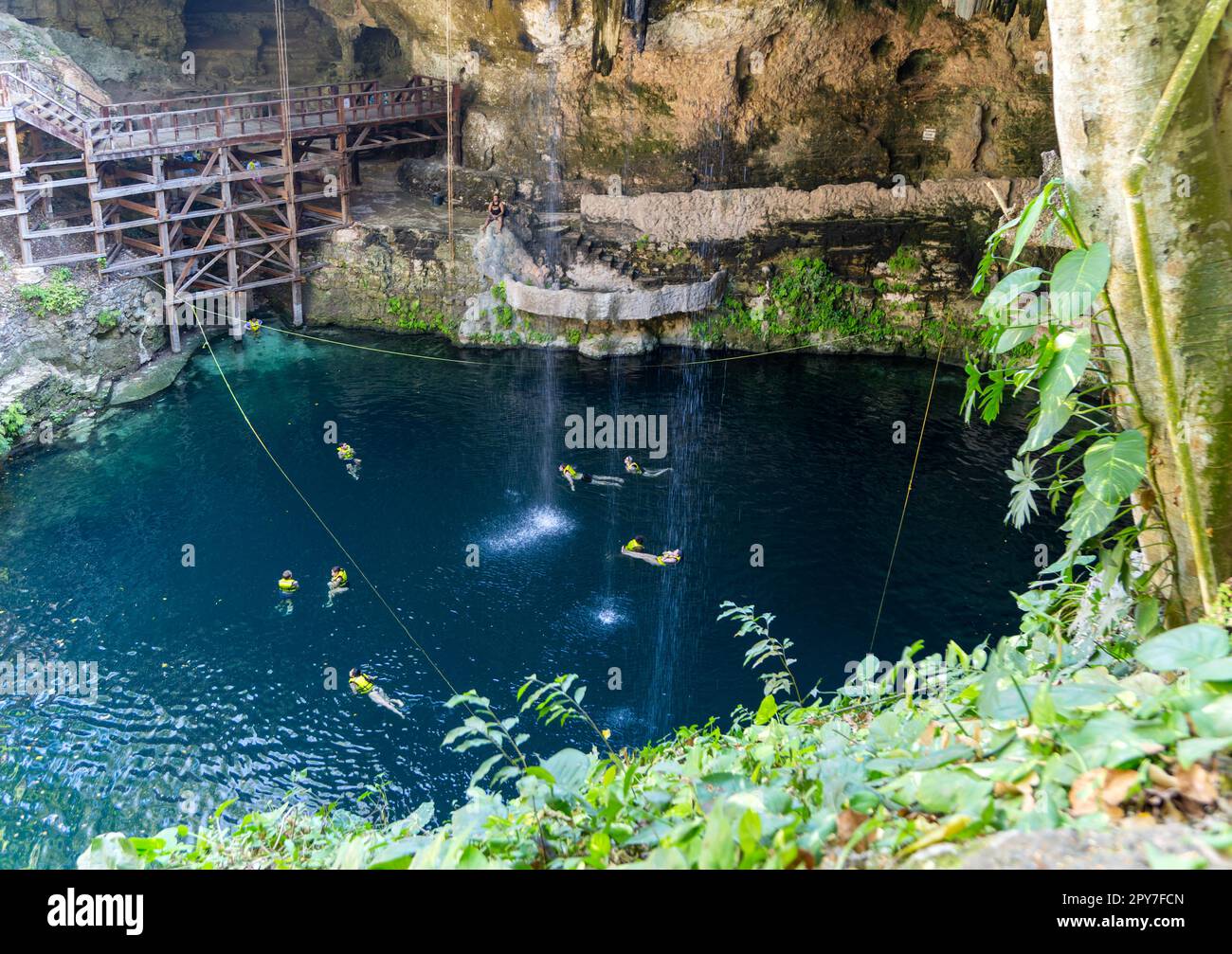 People swimming in Cenote Zaci carboniferous limestone swallow hole ...
