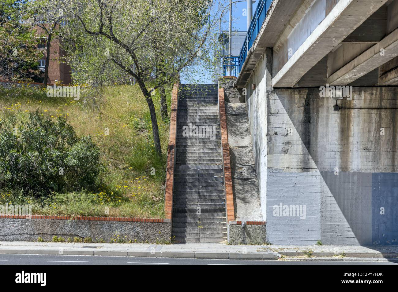 A staircase with granite steps, a bridge wall on one side and a garden ...