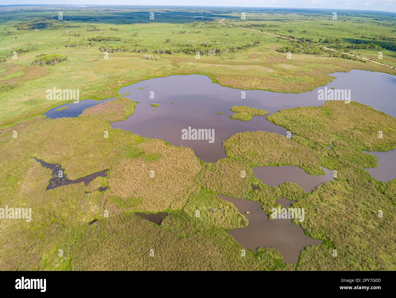 Aerial view of typical Pantanal landscape with lagoons, rivers, meadows ...