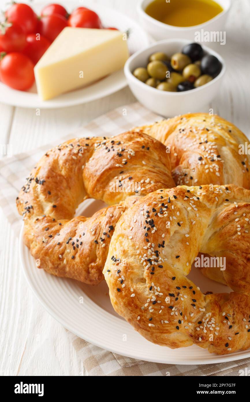 Turkish Bread Rings Acma served with tomato, cheese, olive and olive ...