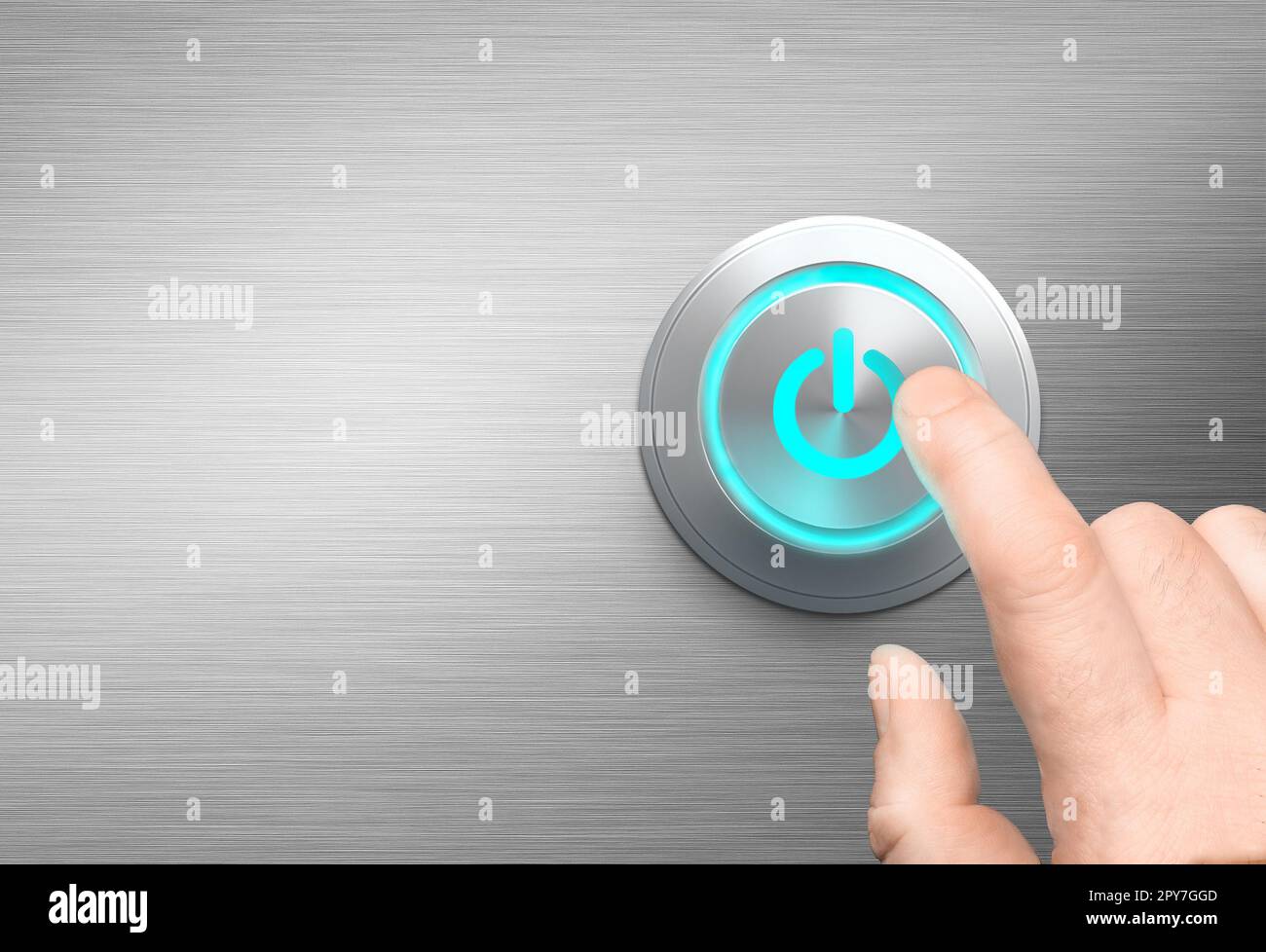 Finger about to press a power button polished metal background Stock ...