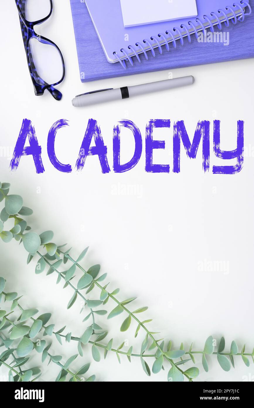 Text caption presenting Academy. Word Written on where students can go ...