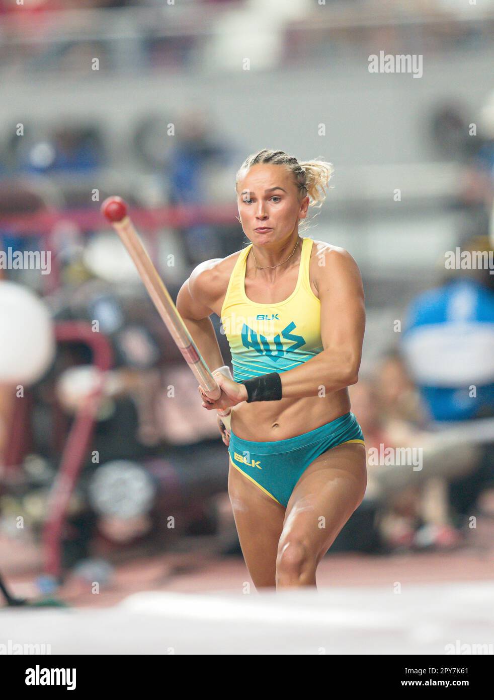 Liz Parnov participating in the pole vault at the Doha 2019 World ...