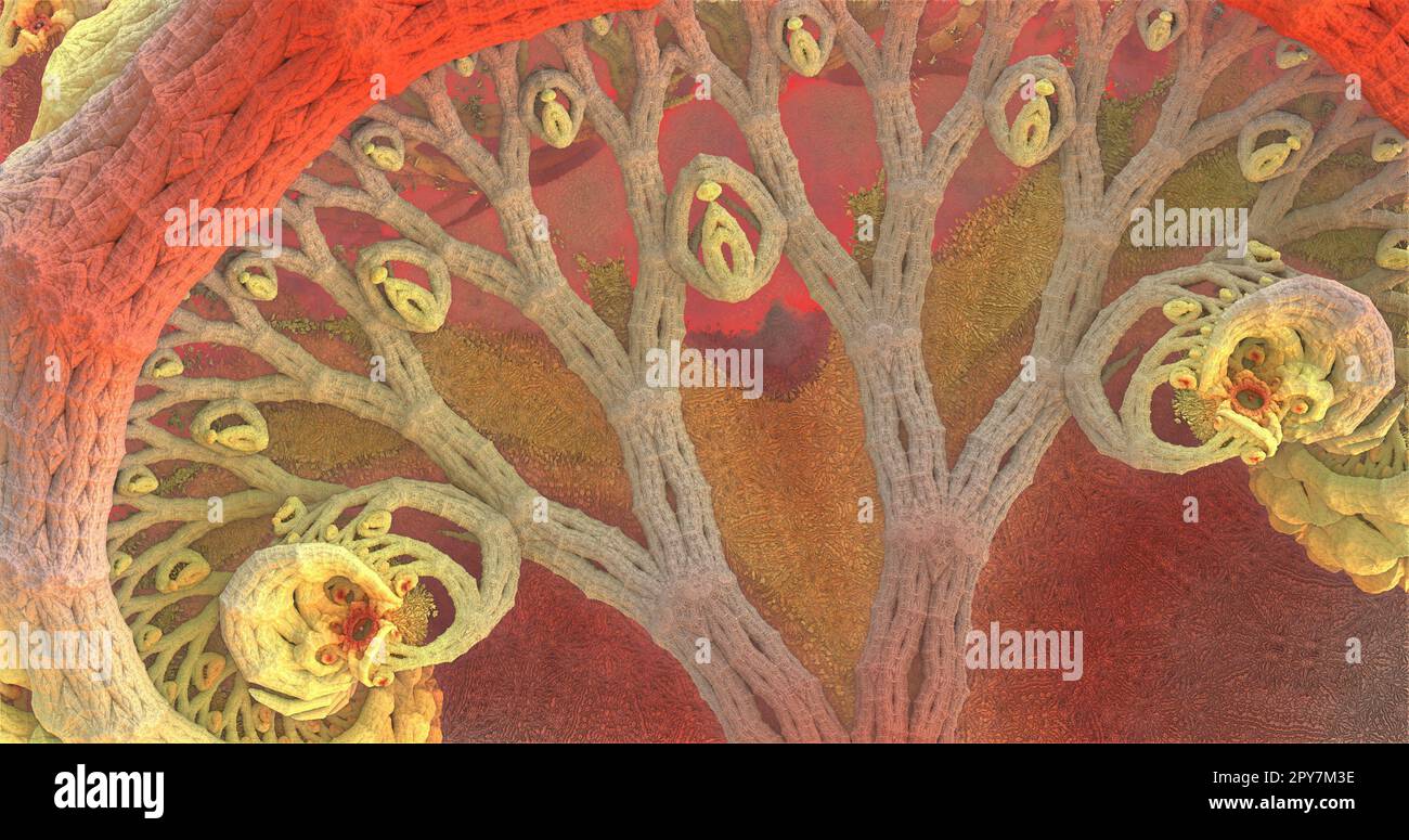 the surface of an flowered alien planet under an alien sun 3d rendering ...