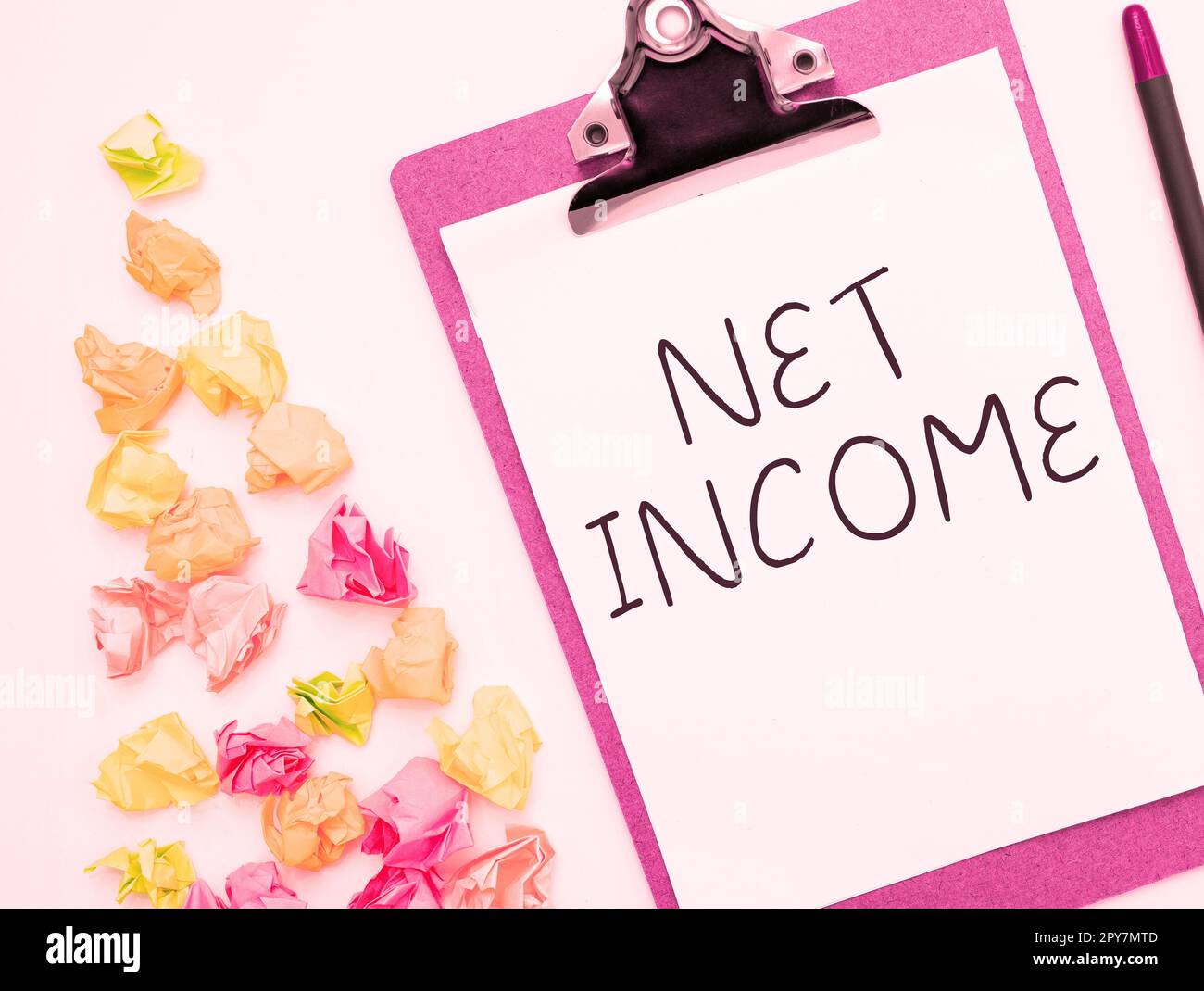Sign displaying Net Income. Word Written on the gross income remaining ...