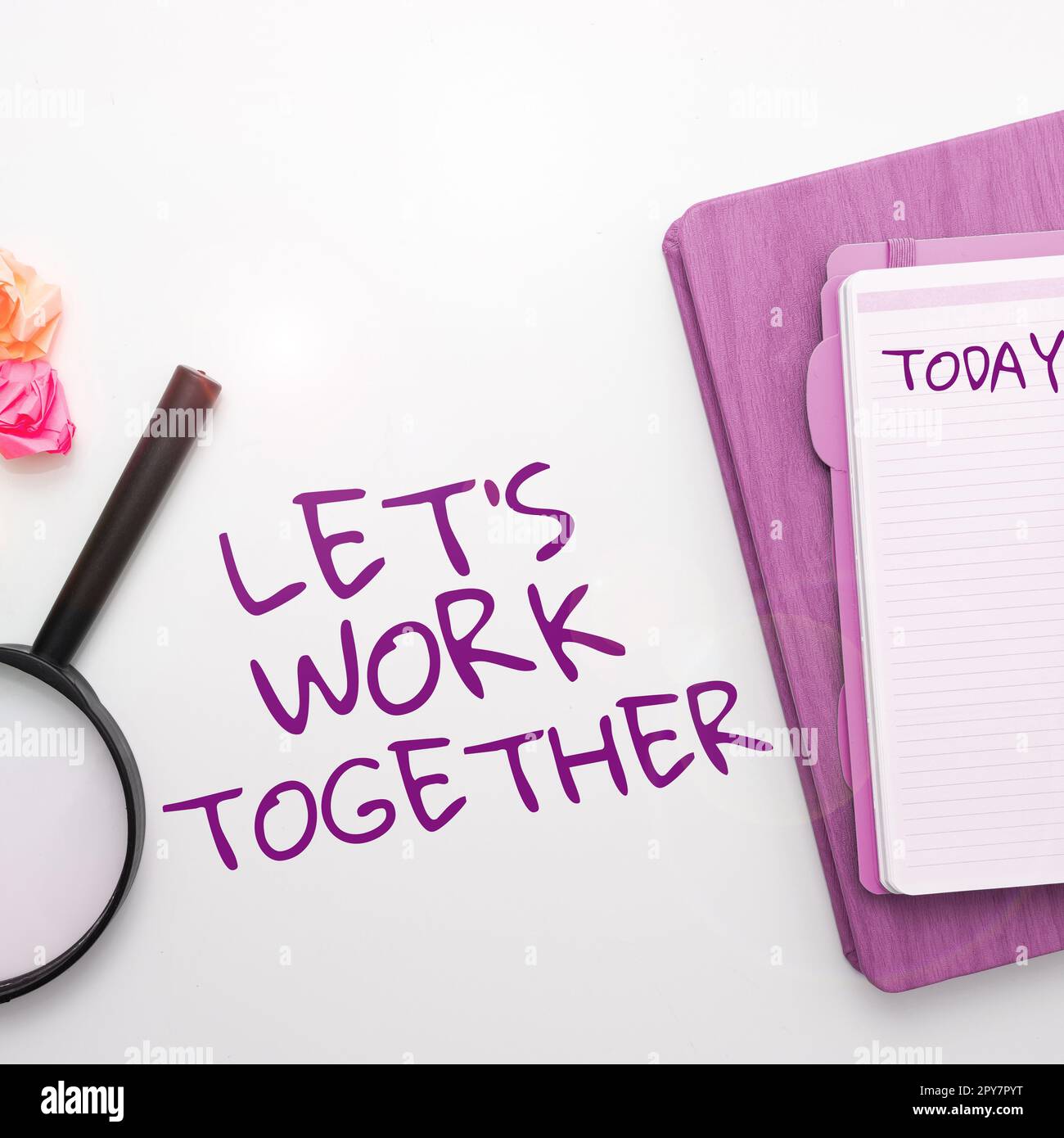 Hand writing sign Let's Work Together. Business idea Unite and Join ...