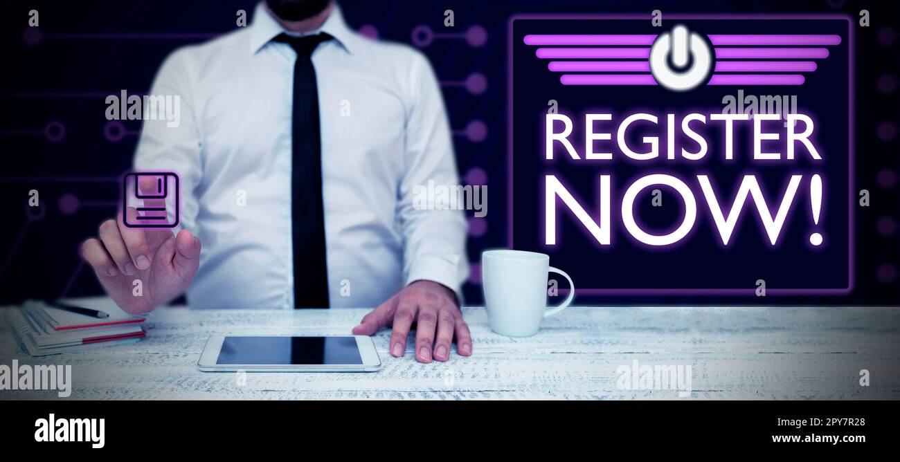 Conceptual display Register Now. Internet Concept Name in an Official ...