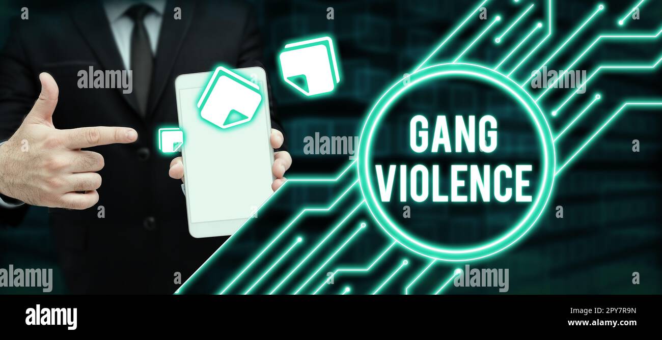 Hand writing sign Gang Violence. Word Written on infringement of the ...