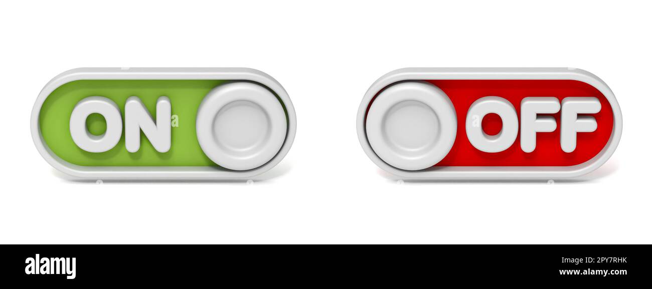Green ON and red OFF button 3D rendering illustration isolated on white ...