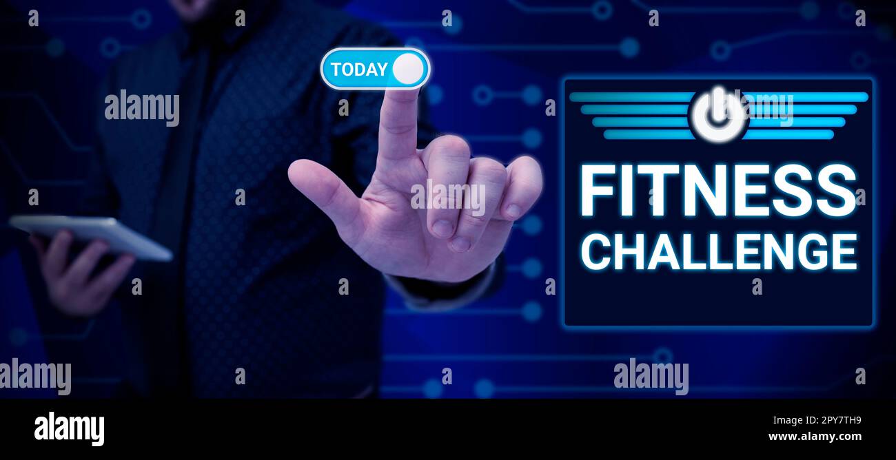 Hand writing sign Fitness Challenge. Word for condition of being ...