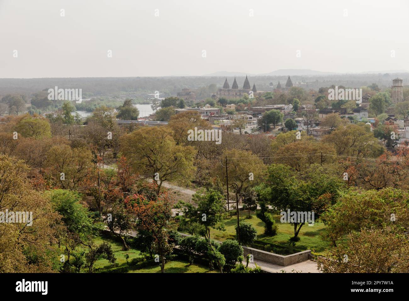 An aerial view of the historic Orchha Fort in India, surrounded with ...